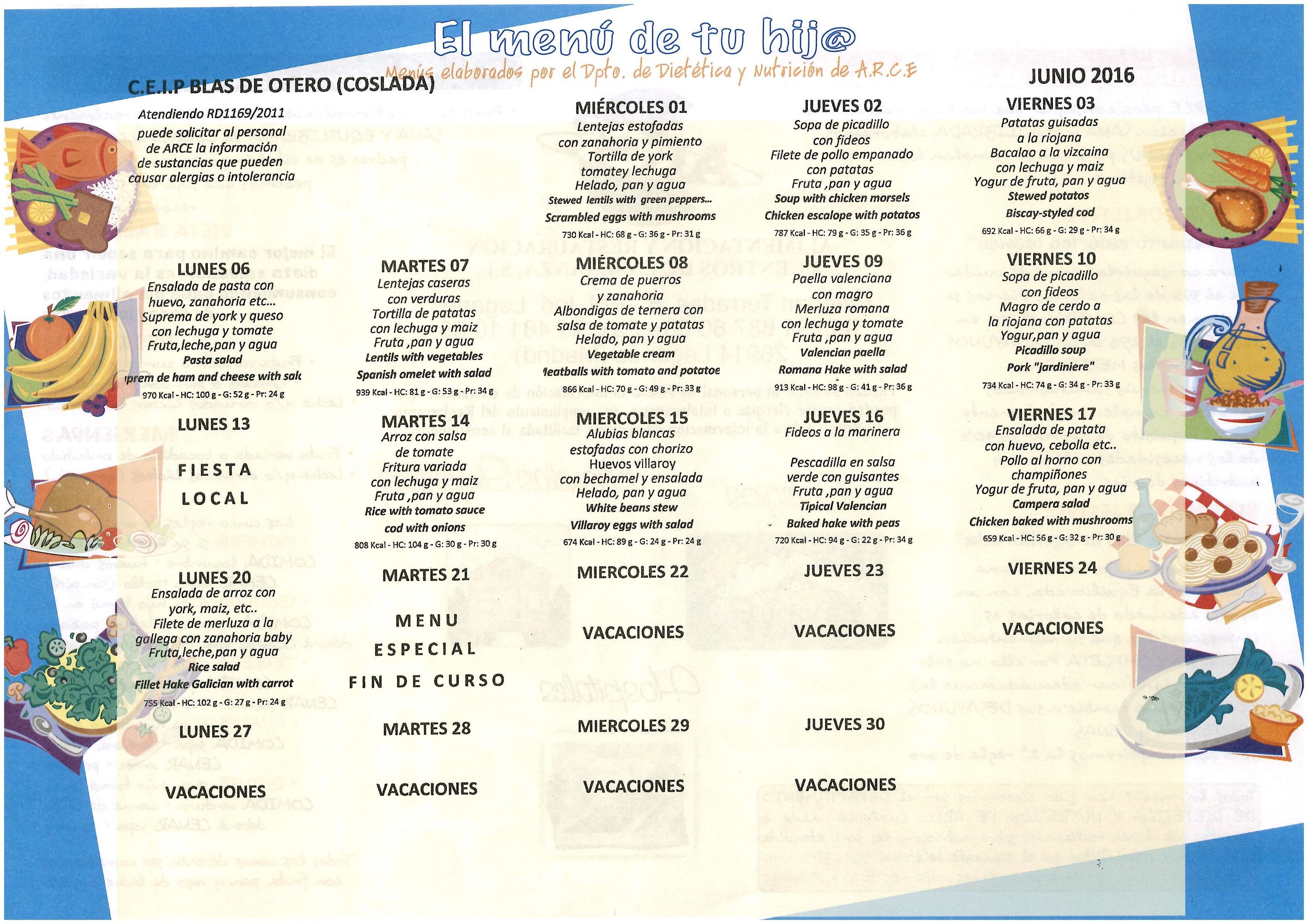 Menú comedor Junio 2016 – CP Blas de Otero