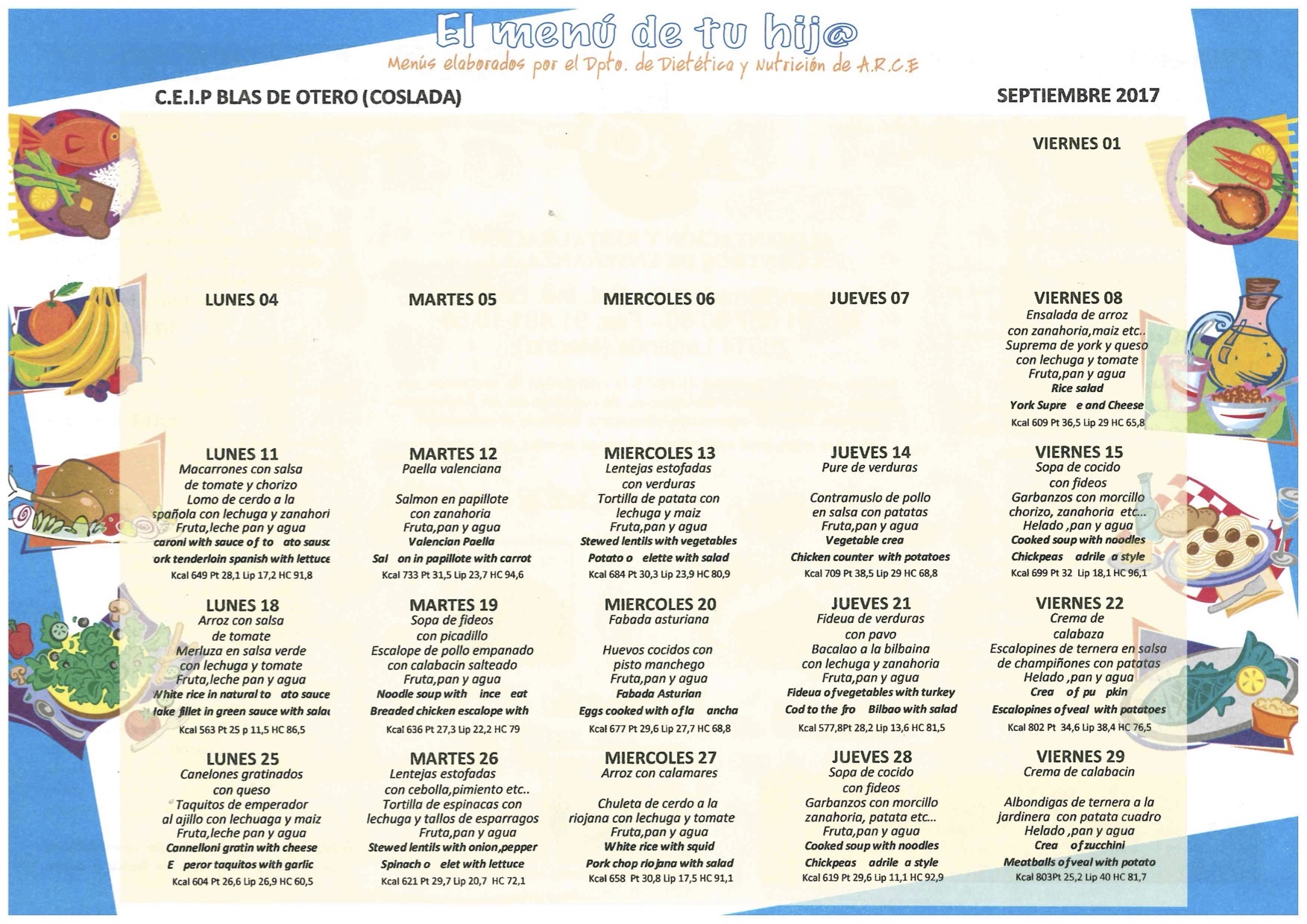 Menú comedor septiembre 2017 – CP Blas de Otero