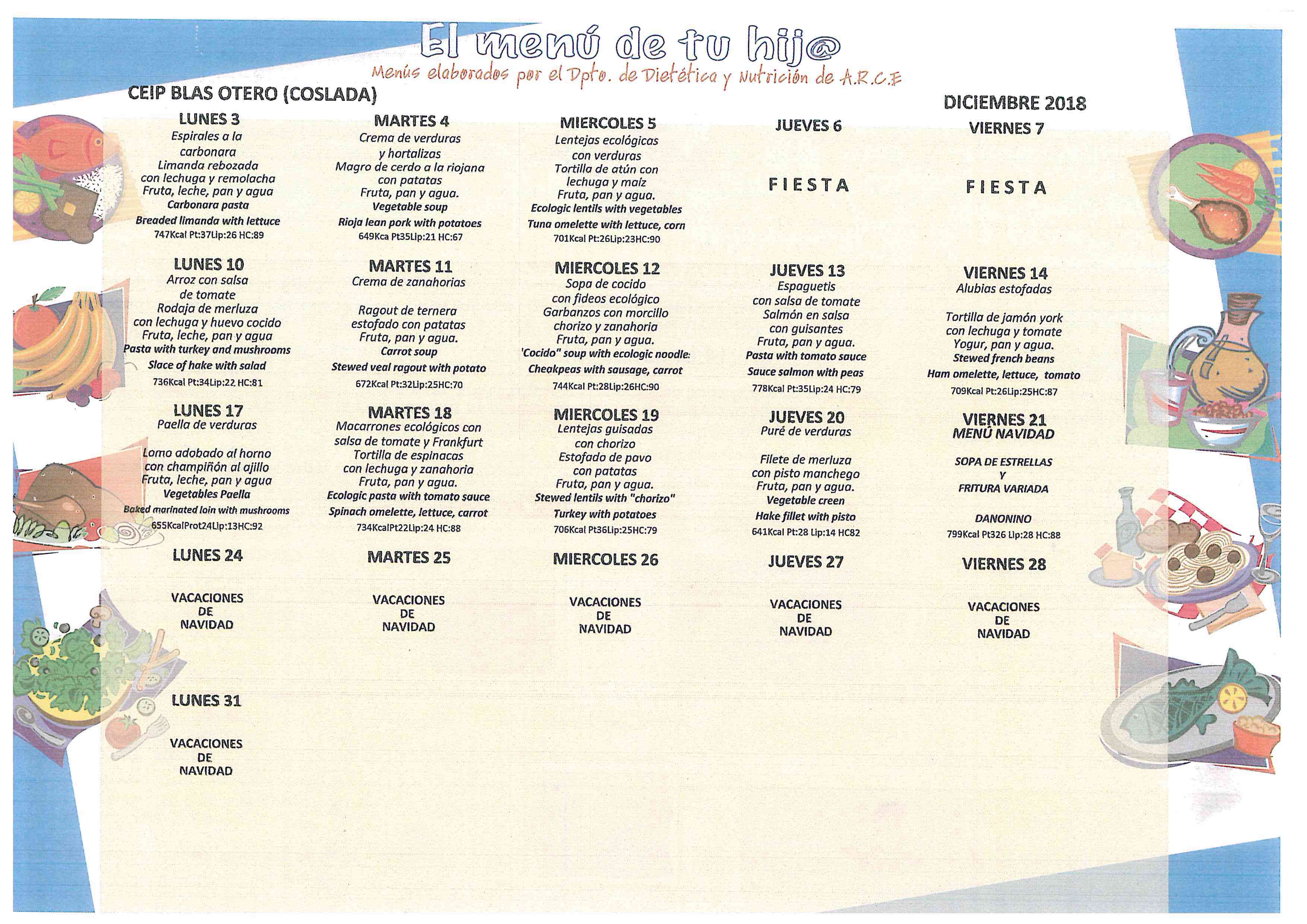 Menú comedor diciembre 2018 – CP Blas de Otero